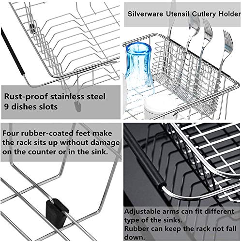 SANNO Dish Drying Rack with Stainless Steel Utensil Holder Expandable Dish Rack Drainer Sink Dish Rack, Deep Large Dish Drainer Dish Rack in Sink On Counter