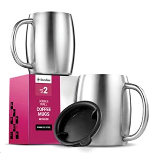 insulated stainless steel coffee mug with lid and handle (2 pk) 14 oz.- bpa-free spillproof lid, double wall camping travel coffee mugs tough & shatterproof, keeps coffee/tea hot and beer cold longer