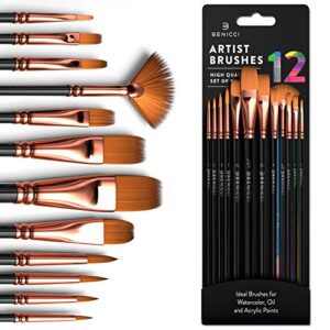 professional artist paint brush set of 12 – painting brushes kit for kids, adults fabulous for canvas, watercolor & fabric – for beginners and professionals – great for water, oil or acrylic painting