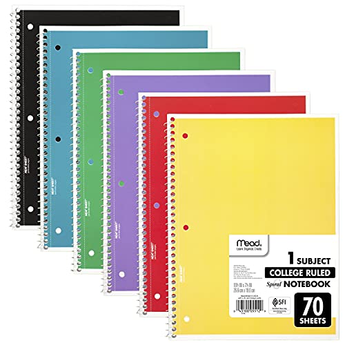 Mead Spiral Notebooks, 6 Pack, 1-Subject, College Ruled Paper, 10-1/2" x 7-1/2", 70 Sheets per Notebook, Assorted Colors (73065)