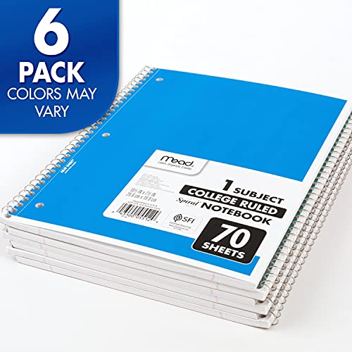 Mead Spiral Notebooks, 6 Pack, 1-Subject, College Ruled Paper, 10-1/2" x 7-1/2", 70 Sheets per Notebook, Assorted Colors (73065)