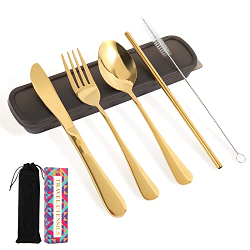 Gold Travel Utensils, Stainless Steel Knives Forks and Spoons Silverware Set, Portable Camping Utensils Set, Set of 7 Gold Utensils Set for School, Work, Camping, Hiking