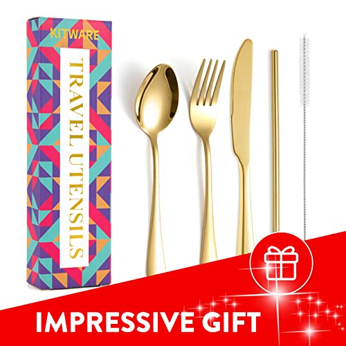 Gold Travel Utensils, Stainless Steel Knives Forks and Spoons Silverware Set, Portable Camping Utensils Set, Set of 7 Gold Utensils Set for School, Work, Camping, Hiking