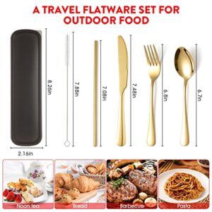 Gold Travel Utensils, Stainless Steel Knives Forks and Spoons Silverware Set, Portable Camping Utensils Set, Set of 7 Gold Utensils Set for School, Work, Camping, Hiking