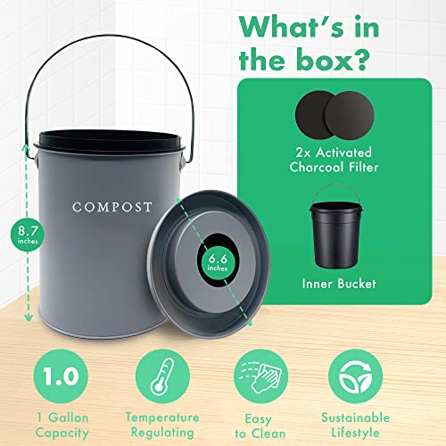 Compost Bin Kitchen Counter, Countertop Compost Bin with Lid, Kitchen Compost Bin Indoor Compost Bin, Compost Container Compost Bucket for Kitchen, Compost Pail Food Waste Bin Kitchen Composting Bin