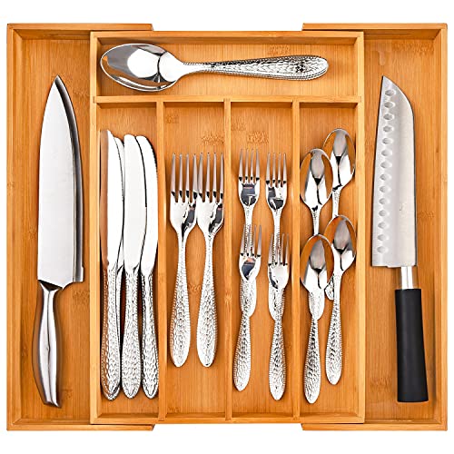 Greenual Silverware Organizer 15 In Utensil Organizer Silverware Tray for Drawer Expandable Cutlery Flatware Organizer for Kitchen Bamboo Wood