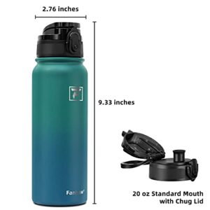 Fanhaw Insulated Water Bottle - 20 Oz (Chug Lid) Dishwasher Safe Stainless Steel Double-Wall Vacuum Reusable Leak&Sweat Proof Sports Water Bottles with Standard Mouth Anti-dust Lid (Green Blue)