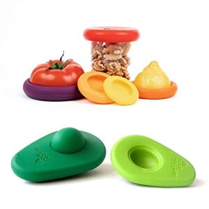 food huggers zero waste starter kit – (7 pieces) -avocado hugger saver covers (set of 2) + reusable silicone food savers autumn harvest (set of 5), dishwasher safe, keeps food fresh