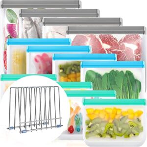 reusable ziplock bags silicone, leakproof reusable freezer bags, bpa free reusable food storage bags for lunch marinate food travel, 4 gallon 4 snack 4 sandwich bags 1 drying rack