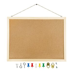 Cork Board Bulletin Board, 15.7"X 12" pin Boards for Walls, Oak Wood Finish Frame, Wall Mounted Cork Board for Office Home and School(Pins, Eye Bolts, gaskets, Screws)