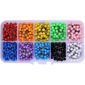 600 pcs multi-color push pins map tacks,1/8 inch round head with stainless point, 10 assorted colors (each color 60 pcs) in reconfigurable container for bulletin board, fabric marking