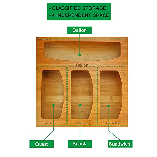 CRAKTH Bamboo Ziplock Bag Storage Organizer and Dispenser for Kitchen Drawer, Suitable for Gallon, Quart, Sandwich & Snack Variety Size Bag