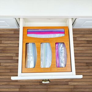 CRAKTH Bamboo Ziplock Bag Storage Organizer and Dispenser for Kitchen Drawer, Suitable for Gallon, Quart, Sandwich & Snack Variety Size Bag