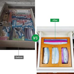 CRAKTH Bamboo Ziplock Bag Storage Organizer and Dispenser for Kitchen Drawer, Suitable for Gallon, Quart, Sandwich & Snack Variety Size Bag