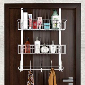 lucycaz over the door hooks organizer, door hanger towel rack with 10 coat hooks & 2 mesh basket over the door shelf, back of door storage organizer for barthroom kitchen hanging towel clothes (white)