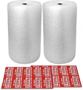 2-pack bubble cushioning wrap rolls, 3/16″ x 12″ x 72′ ft total, perforated every 12″, 20 fragile stickers for packaging, shipping, mailing