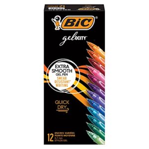 bic gel-ocity quick dry assorted colors gel pens (colors may vary), medium point (0.7mm), 12-count pack, retractable gel pens with comfortable full grip (rglcga11-ast)