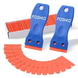 foshio plastic razor blade scraper include 2pcs scraper tool and 100pcs blades for gasket remover, labels decal and adhesive remover for windows and glass,blue