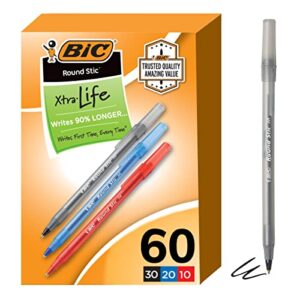 bic round stic xtra life assorted ink ballpoint pens, medium point (1.0mm), 60-count pack of bulk pens, flexible round barrel for comfortable writing, no. 1 selling ballpoint pens