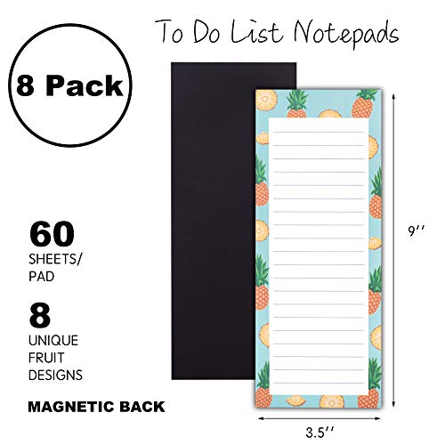 8 Magnetic Notepads - Large Notepads for Grocery List, Shopping List, To-Do List, Reminders, Recipes -Magnetic Back- Memo Notepad with Realistic Fruit Designs | 60 Sheets per Pad 9 x 3.5 inch (8 Pack)