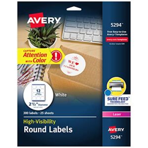 avery high visibility printable round labels with sure feed, 2.5″ diameter, white, 300 customizable blank labels total (5294)