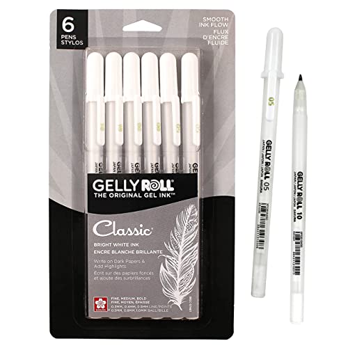 SAKURA Gelly Roll Gel Pens - Pen for Journaling, Art, or Drawing - Classic White Ink - Assorted Point Sizes - 6 Pack