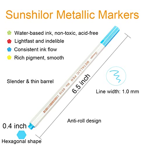 Sunshilor Metallic Markers Fine Point Metallic Marker Pens for Black Paper, Art Rock Painting, Easter Egg, Halloween Pumpkin, Card Making, Metal, Ceramics, Wine Glass, Set of 12