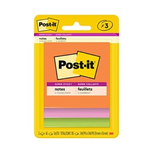 post-it super sticky notes, 3×3 in, 3 pads, 2x the sticking power, bright colors (orange, pink, green), recyclable (3321-ssau)