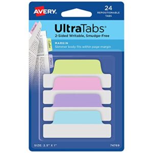 avery 74769 ultra tabs, 2.5 x 1 inch, 2-side writable, pastel blue/pink/purple/green, 24 repositionable margin tabs