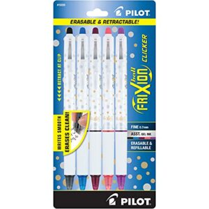 pilot frixion clicker erasable design collection dots, refillable & retractable gel ink pens, fine point (0.7mm), assorted ink, 5-pack (15220)