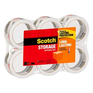 scotch long lasting storage packaging tape, 1.88″ x 54.6 yd, designed for storage and packing, stays sealed in weather extremes, 3″ core, clear, 6 rolls (3650-6)