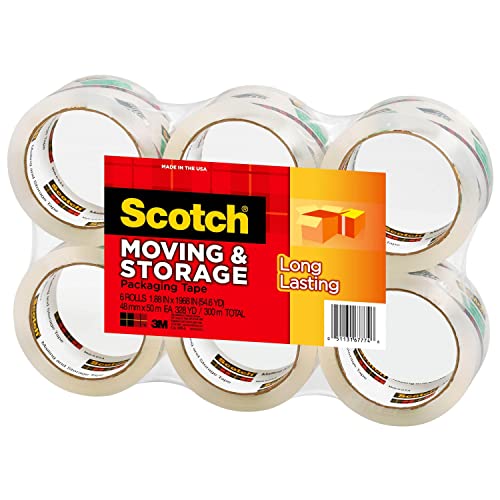 Scotch Long Lasting Storage Packaging Tape, 1.88" x 54.6 yd, Designed for Storage and Packing, Stays Sealed in Weather Extremes, 3" Core, Clear, 6 Rolls (3650-6)