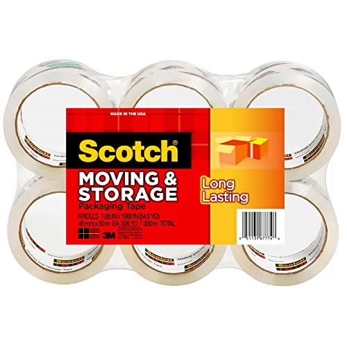 Scotch Long Lasting Storage Packaging Tape, 1.88" x 54.6 yd, Designed for Storage and Packing, Stays Sealed in Weather Extremes, 3" Core, Clear, 6 Rolls (3650-6)