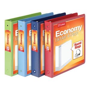 cardinal 3 ring binders, round rings, holds 350 sheets, clearvue presentation view, non-stick, assorted colors (79550), 1.5 inch (pack of 4)