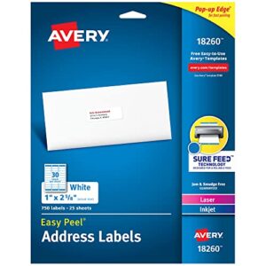 avery easy peel printable address labels with sure feed, 1″ x 2-5/8″, white, 750 blank mailing labels (18260)