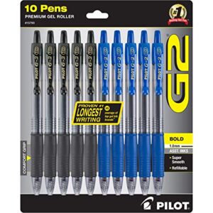 pilot g2 bold, premium gel pens, bulk pack of 10 pilot g2 pens, 5 black g-2 & 5 blue ink, 1.0mm medium point, retractable rolling ball, office & school pens for women & men.