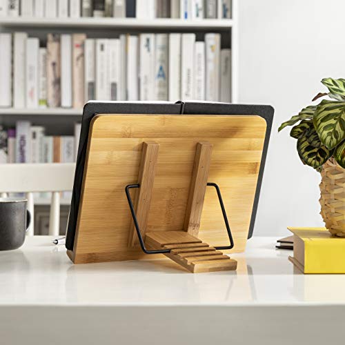 Bamboo Book Stand,wishacc Adjustable Book Holder Tray and Page Paper Clips-Cookbook Reading Desk Portable Sturdy Lightweight Bookstand-Textbooks Books