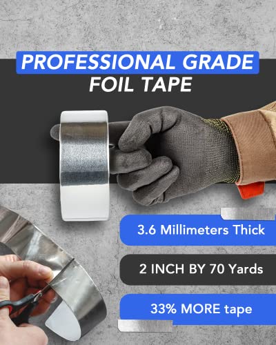 Professional Grade Aluminum Foil Tape - 2 Inch by 210 Feet (70 Yards) 3.6 Mil - High Temperature - Perfect for HVAC, Sealing & Patching Hot & Cold Air Ducts, Metal Repair, More!