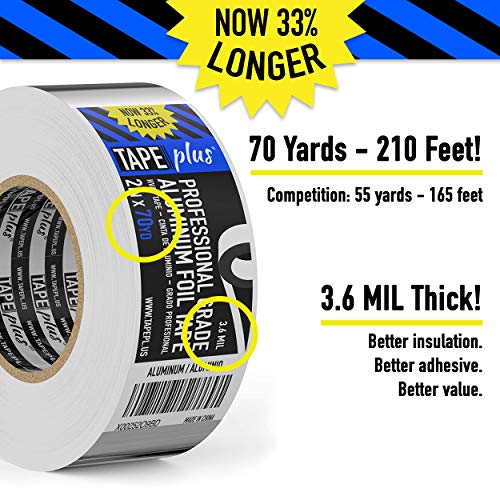 Professional Grade Aluminum Foil Tape - 2 Inch by 210 Feet (70 Yards) 3.6 Mil - High Temperature - Perfect for HVAC, Sealing & Patching Hot & Cold Air Ducts, Metal Repair, More!