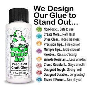 Bearly Art Precision Craft Glue - The Mini - 2fl oz with Tip Kit - Dries Clear - Metal Tip - Wrinkle Resistant - Flexible and Crack Resistant - Strong Hold Adhesive - Made in USA