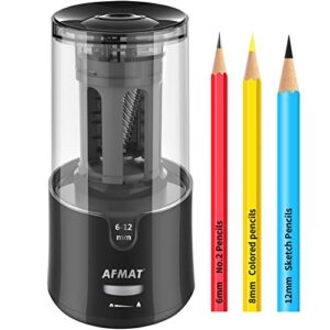 afmat electric pencil sharpener, pencil sharpener for colored pencils, auto stop, super sharp & fast, electric pencil sharpener plug in for 6-12mm no.2/colored pencils/office/home-black