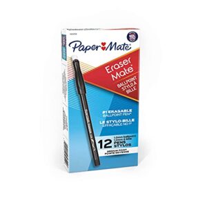 Paper Mate EraserMate Erasable Pen, Medium Point, Black, Box of 12