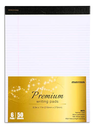 Mintra Office Legal Pads - ((PREMIUM WHITE 6pk, 8.5in x 11in, NARROW RULED)) - 50 Sheets per Notepad, Micro perforated Writing Pad, Notebook Paper for School, College, Office, Professional