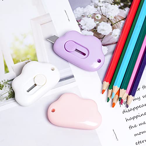 Fengek 3 Pcs Mini Retractable Utility Knife Cloud Pocket Box Cutters Plastic Letter Opener Slide Open with Keychain Hole for Box Letter Envelope, Cloud Shape (Multicolor A)