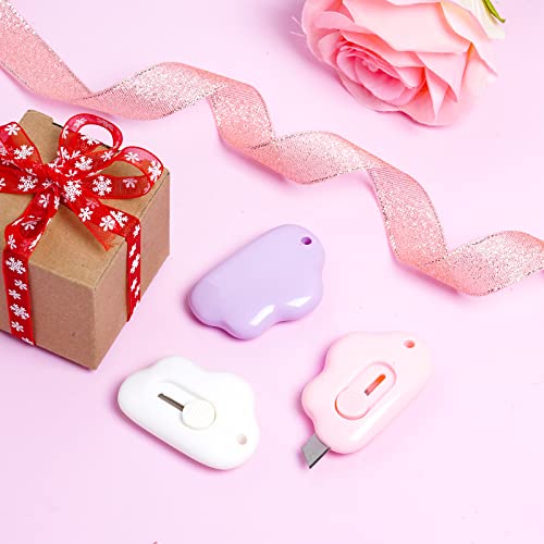 Fengek 3 Pcs Mini Retractable Utility Knife Cloud Pocket Box Cutters Plastic Letter Opener Slide Open with Keychain Hole for Box Letter Envelope, Cloud Shape (Multicolor A)