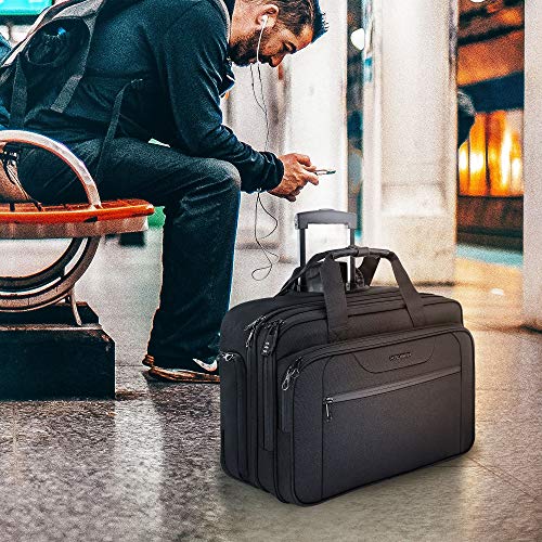 KROSER Rolling Laptop Bag Premium Wheeled Briefcase Fits Up to 17.3 Inch Laptop Water-Proof Overnight Roller Case Computer Bag with RFID Pockets for Travel/Business/School/Men/Women-Black