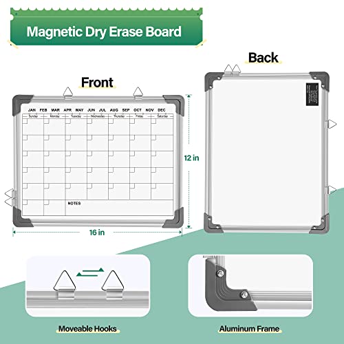 Dry Erase Whiteboard Calendar for Wall, 16" x 12" Magnetic White Board Dry Erase Calendar Monthly Planner Memo Hanging Double-Sided Board, Portable Board for Home, School, Office, Kitchen (White)