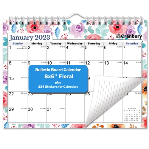 CRANBURY Small Wall Calendar 2023 - (8x6", Floral) Use to Dec 2023, Mini Wall Calendar 2023, Spiral Flip Calendar, 6x8 Bulletin Board Calender, Includes Stickers