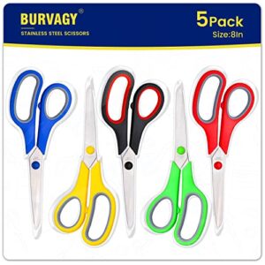 burvagy 8” multipurpose scissors bulk pack of 5, ultra sharp school scissors with comfort grip handle, sturdy sharp scissors for office home school sewing fabric craft supplies, right / left handed