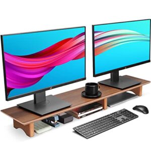 aothia large dual monitor stand riser, solid wood desk shelf with eco cork legs for laptop computer/tv/pc/printers, perfect desktop stands organizer with underneath storage for office accessories